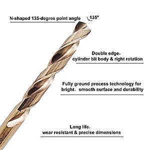 1/2" M35 Cobalt HSS Jobber Length Twist Drill Bit with Straight Shank,Heavy Duty, Pack of 5 PCS, Drilling for Cast Iron, Heat-Treated Steel, Stainless Steel and Other Hard Materials