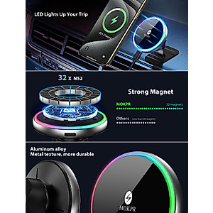 MOKPR for Magsafe Car Mount Charger-15W Wireless Car Charger-Magnetic Car Phone Holder for Dash Air Vent-LED RGB HandsFree Car Mount Fast Car Charger for iPhone 15/14/13/12 Series