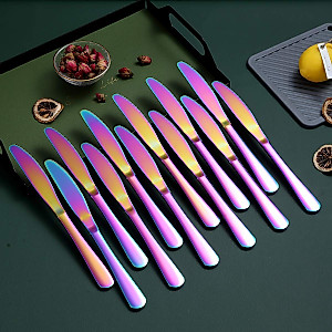 Berglander Rainbow Dinner Knives Set Of 12, Stainless Steel Titanium Plating Shiny Colorful Dinner Knife, Mutil Color Butter Knife Spreader Table Knives Sturdy And Dishwasher Safe
