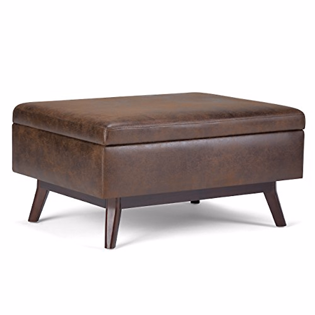 SIMPLIHOME Owen 34 Inch Wide Mid Century Modern Rectangle Coffee Table Lift Top Storage Ottoman in Upholstered Distressed Chestnut Brown Faux Leather, For the Living Room