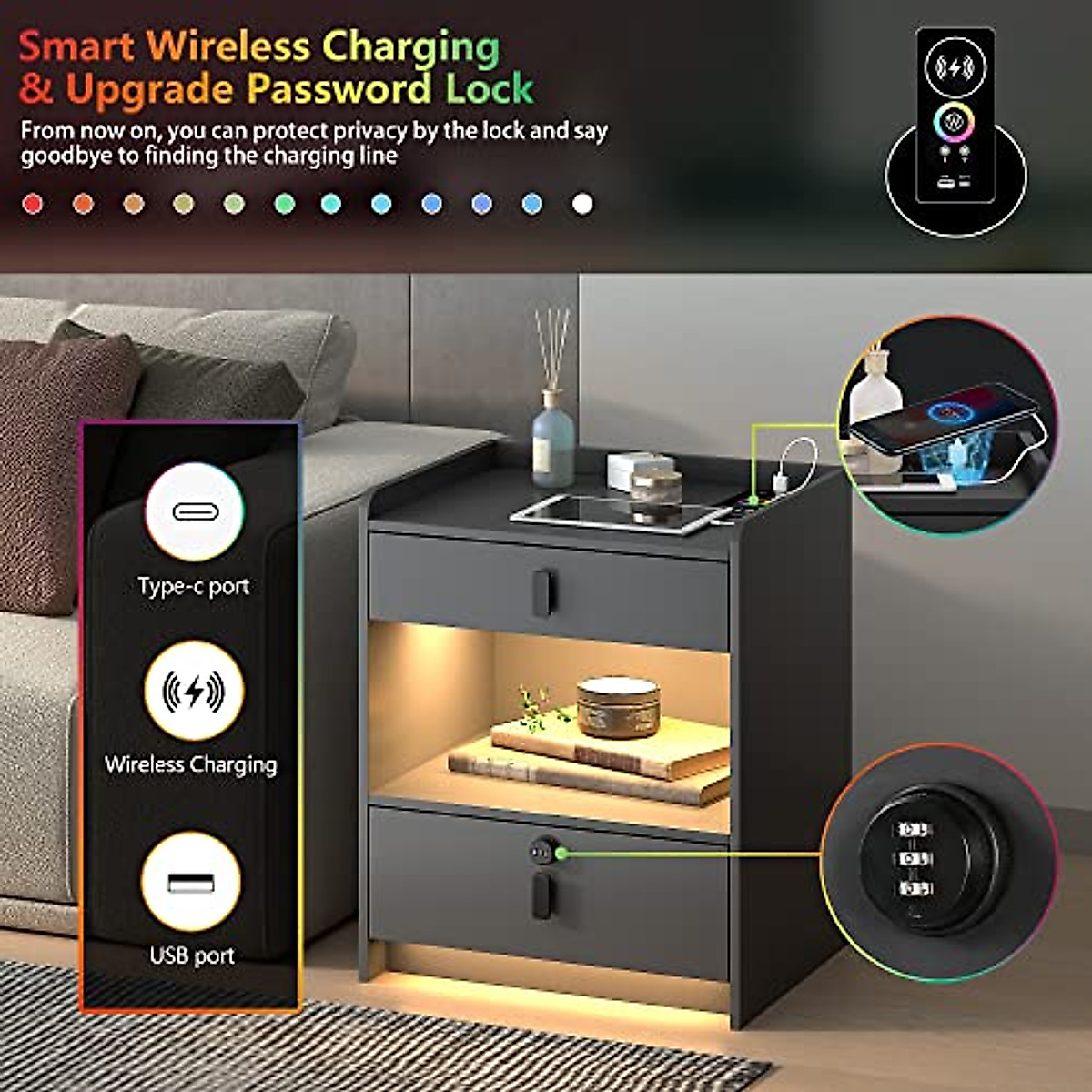 Vlsrka Nightstand with Charging Station, Night Stand with Drawers, LED Nightstands with 24 RGB Colors, Modern Side Table with USB Ports and Open Shelf, Bedside Table for Bedroom, Grey