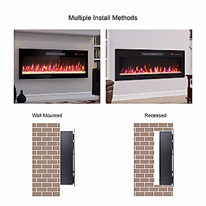 Electric Fireplace 60 Inch, Ultra Thin Wall Mounted Fireplace with 16 Colors Flame & Emberbeds, Wall Fireplace Electric with LED Light Heater and Double Safety Protection Device, Black (60 Inch)