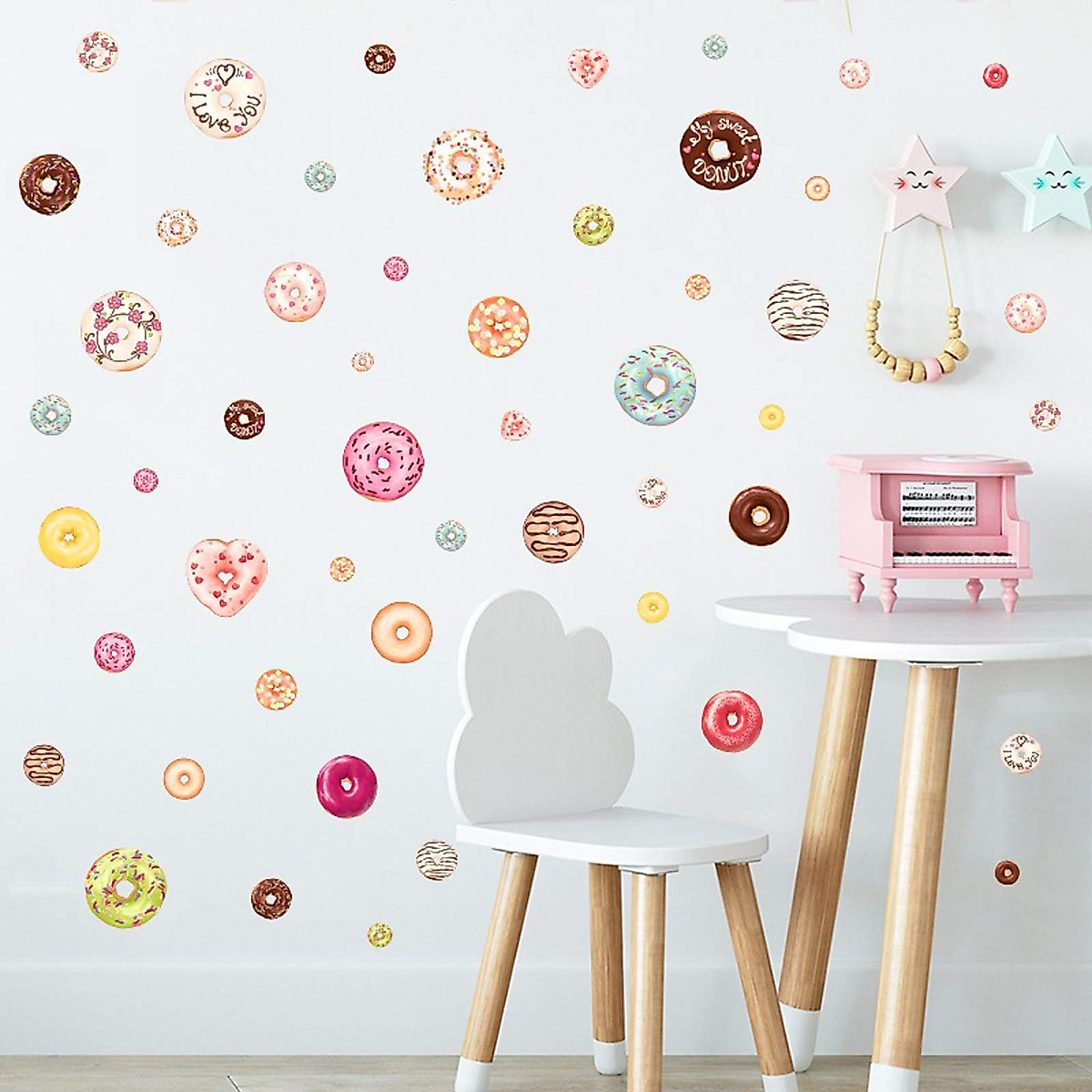 Maydahui 4 Sheet (48 Counts) Donuts Wall Decal Dessert Wall Stickers 11 inch Kawaii Food Decor Nursery Christmas Home Decorations