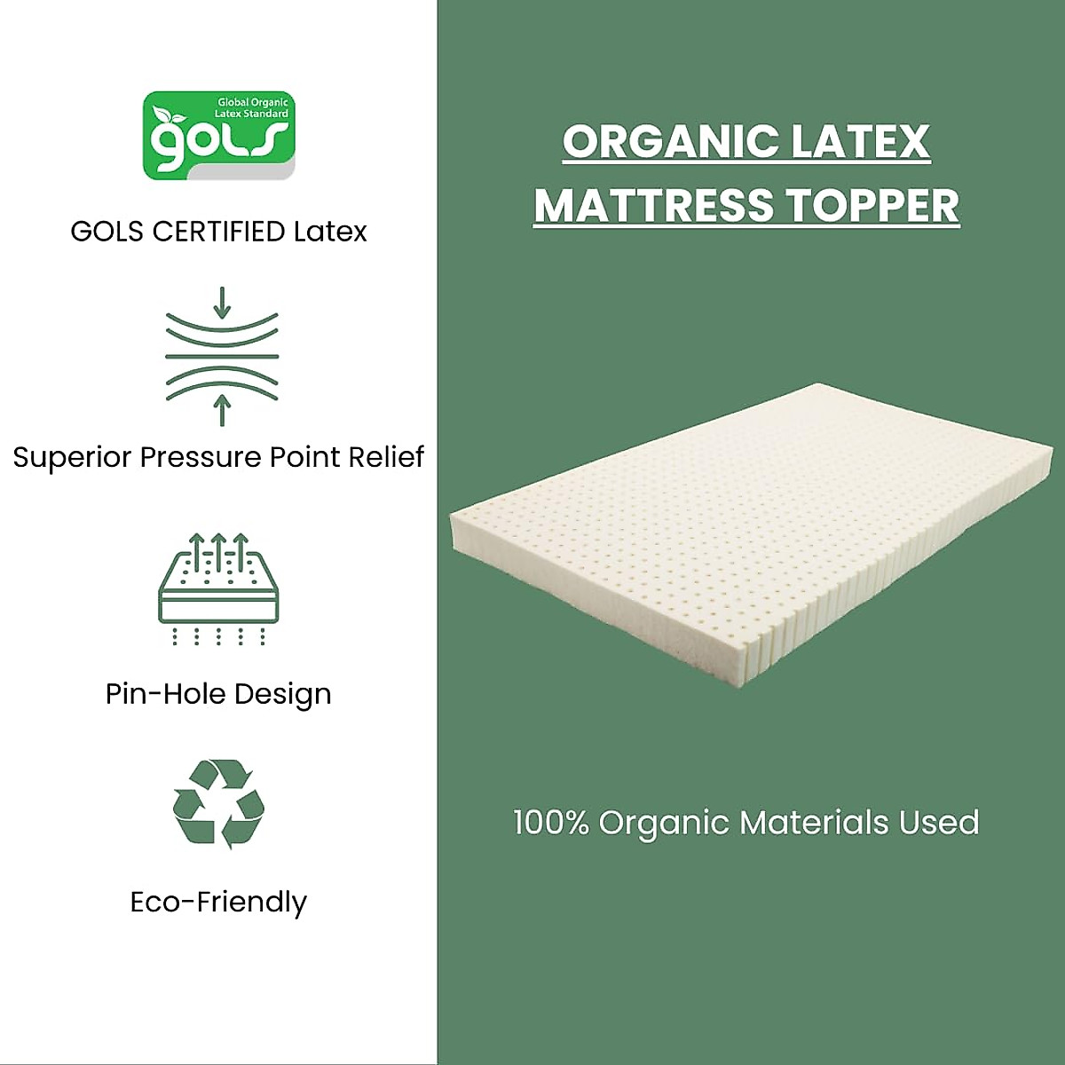 3" Inch Organic Latex Mattress Topper Pad with Organic Cotton Cover Protector (Twin XL Size, Medium) GOLS Certified, Back Pain Relief Support, Hypoallergenic, Cooling and Breathable