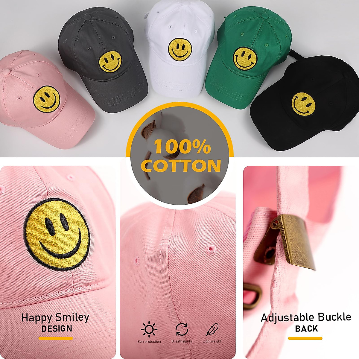 SONMONY Smile Face Baseball Hat Washed Dad Hat for Men Women Cute Baseball Caps Unstructured Smile Embroidered Hat Pink