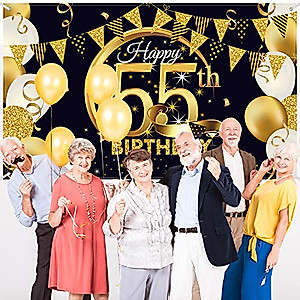 Birthday Party Decoration Extra Large Fabric Black Gold Sign Poster for Anniversary Photo Booth Backdrop Background Banner, Birthday Party Supplies,72.8 x 43.3 Inch (55th)
