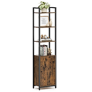 VASAGLE 6-Tier Bookshelf, Tall Bookcase with Door, Steel Frame, Adjustable Shelves, 9.4 x 15.7 x 62.8 Inches, Living Room Bedroom, Rustic Brown and Ink Black ULLS132K01