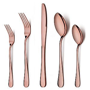 LIANYU Copper Silverware Flatware Set, 60 Piece Stainless Steel Cutlery Set for 12, Mirror Finish, Ideal for Home Hotel Wedding Festival Party, Dishwasher Safe