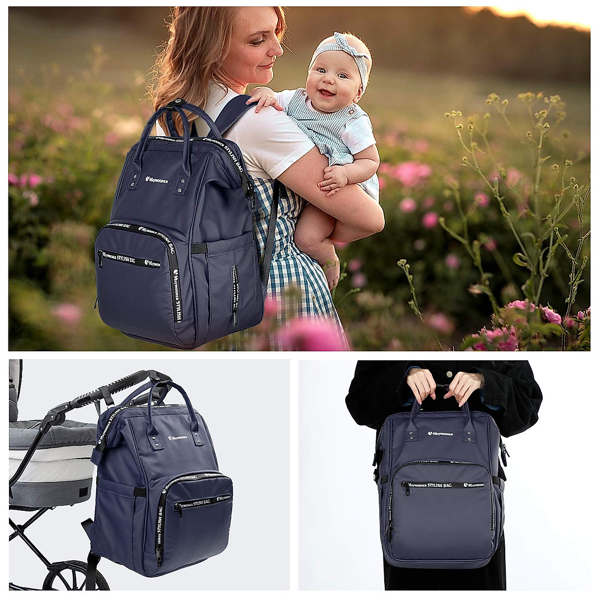BesyPro Baby Diaper Bag Backpack Waterproof Travel Back Pack Maternity Nappy Changing Bags with Changing Pad Insulated Pockets,Navy Blue
