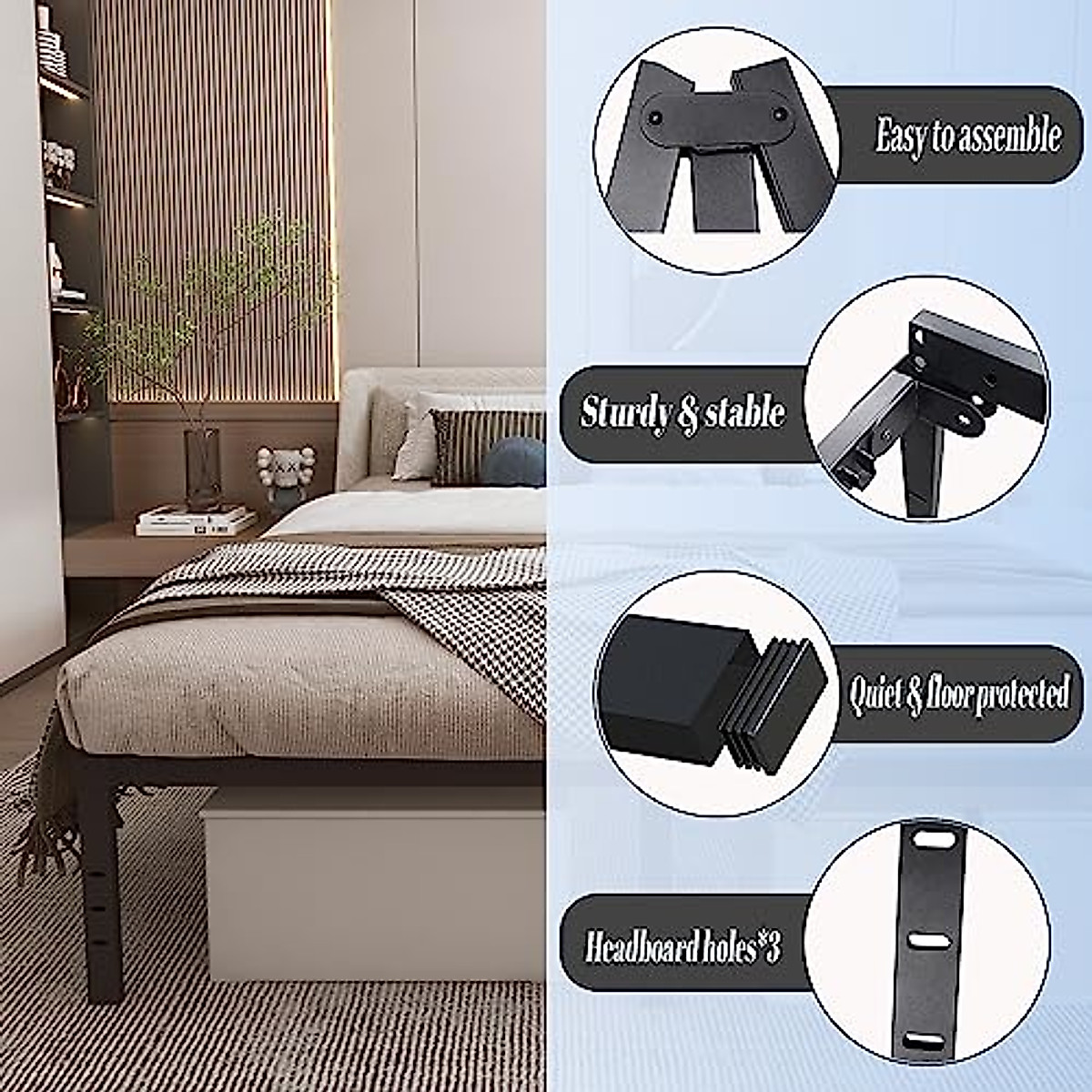 Chezisam Queen Size Bed Frame No Box Spring Needed 14 "High Sturdy Steel Slat Bed Base Heavy Duty Platform Bed Under-Bed Storage Space, Easy Assembly,Non-Slip and Noiseless,Black