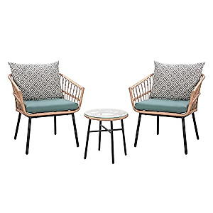 Super Patio 3 Piece Patio Set, Outdoor Furniture Wicker Bistro Set Rattan Chair Conversation Sets with Coffee Table and Cushions, Turquoise/Gray