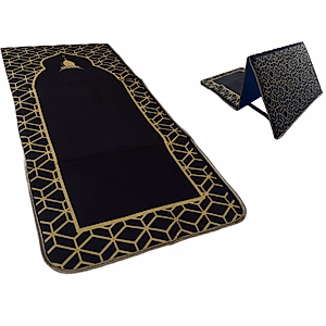 Back Support Prayer Mat Muslim Rug Islamic - Padded Prayer Rug Sajadah for Men Women for Eid Travel Ramadan, Masjid, Soft and Luxury (Black)