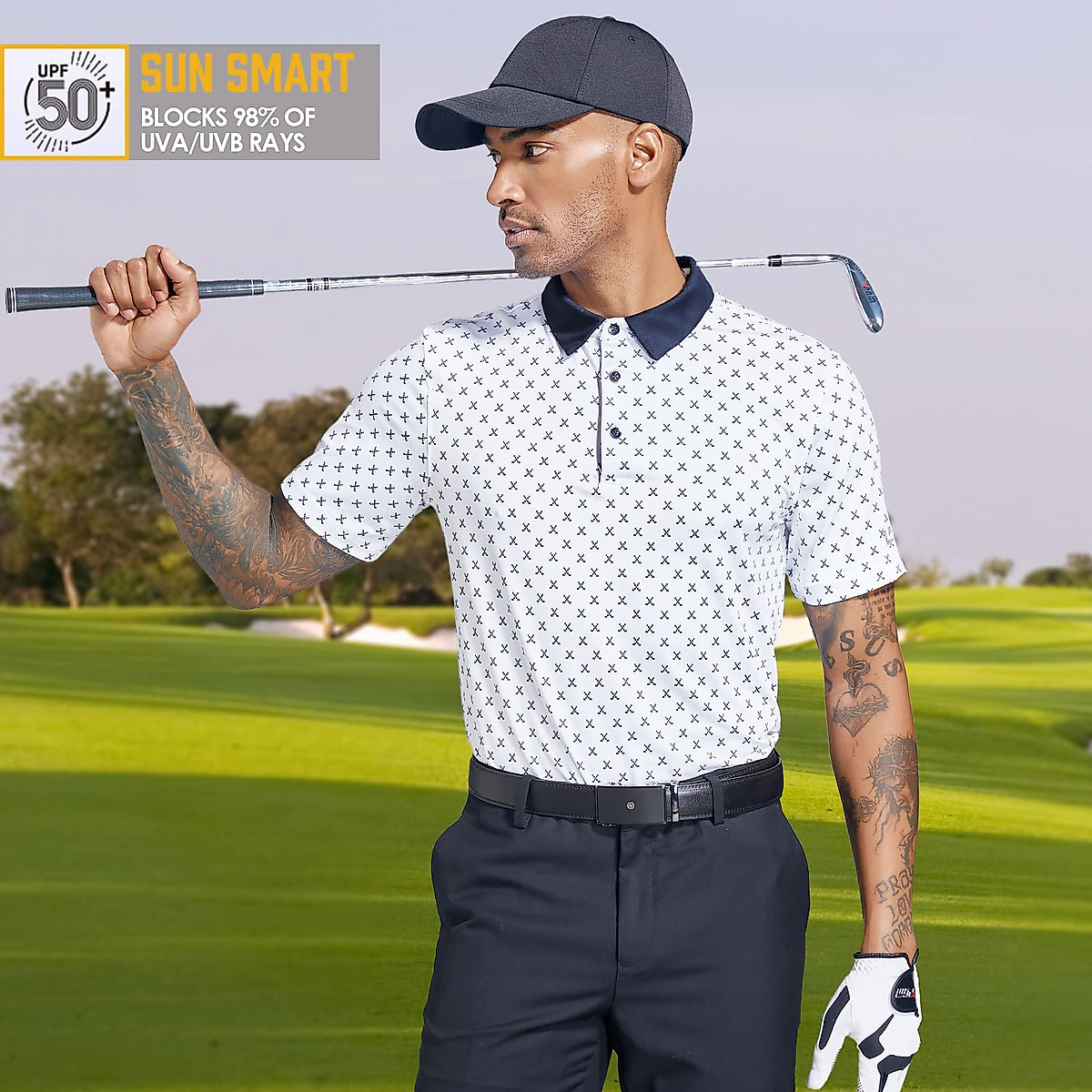 Men's Performance Dry Fit Golf Shirt, Quick-Dry Short Sleeve Polo, Moisture Wicking Navy/White L