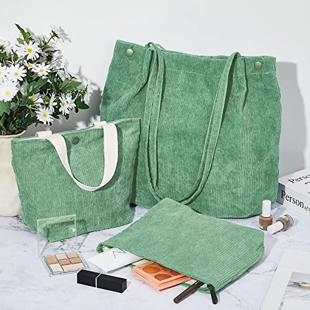 Sweetude 3 Pcs Corduroy Tote Bag for Women Girl Makeup Bag Aesthetic Tote Bag Corduroy Bag Cute Cosmetic Bag for Shopping (Grass Green)