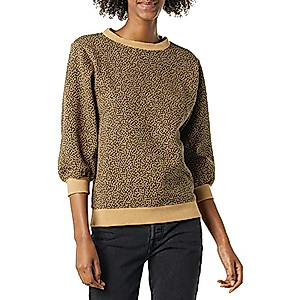 Amazon Essentials Women's French Terry Fleece Sleeve Detail Crewneck Sweatshirt, Camel Cheetah, Large
