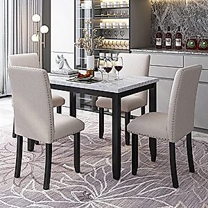 BIADNBZ 5-Pieces Dining Table Sets for 4,Wooden Kitchen Furniture with Faux Marble DiningTable and 4 Upholstery Chairs for Small Space,Breakfast Nook,Restaurant,Modern Style, White+Black