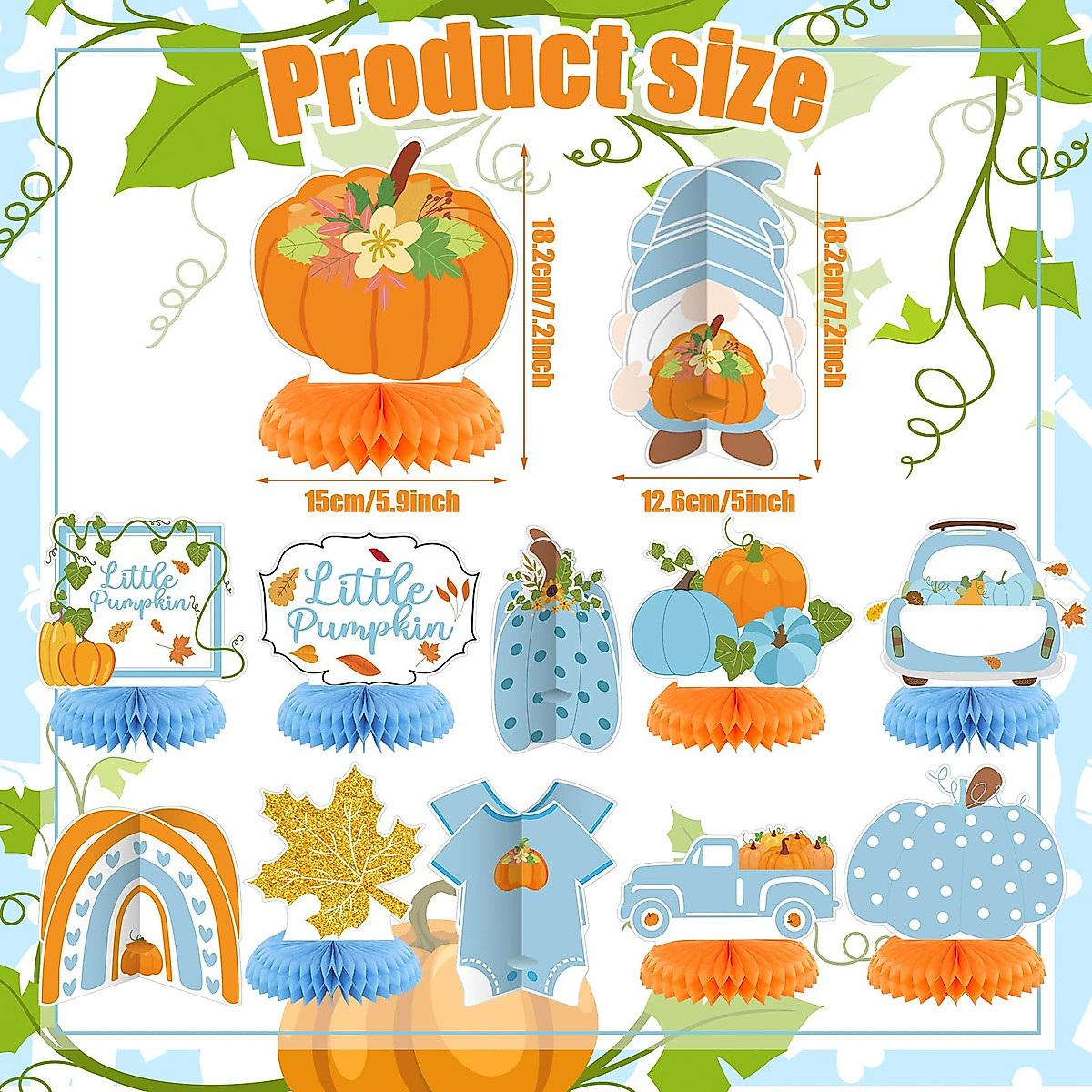 Liliful 12 Pcs Fall Pumpkin Honeycomb Centerpieces Little Pumpkin Party Decorations for Boy Girl Thanksgiving Fall Gender Reveal Baby Shower Autumn Harvest Birthday Party Supplies(Blue)