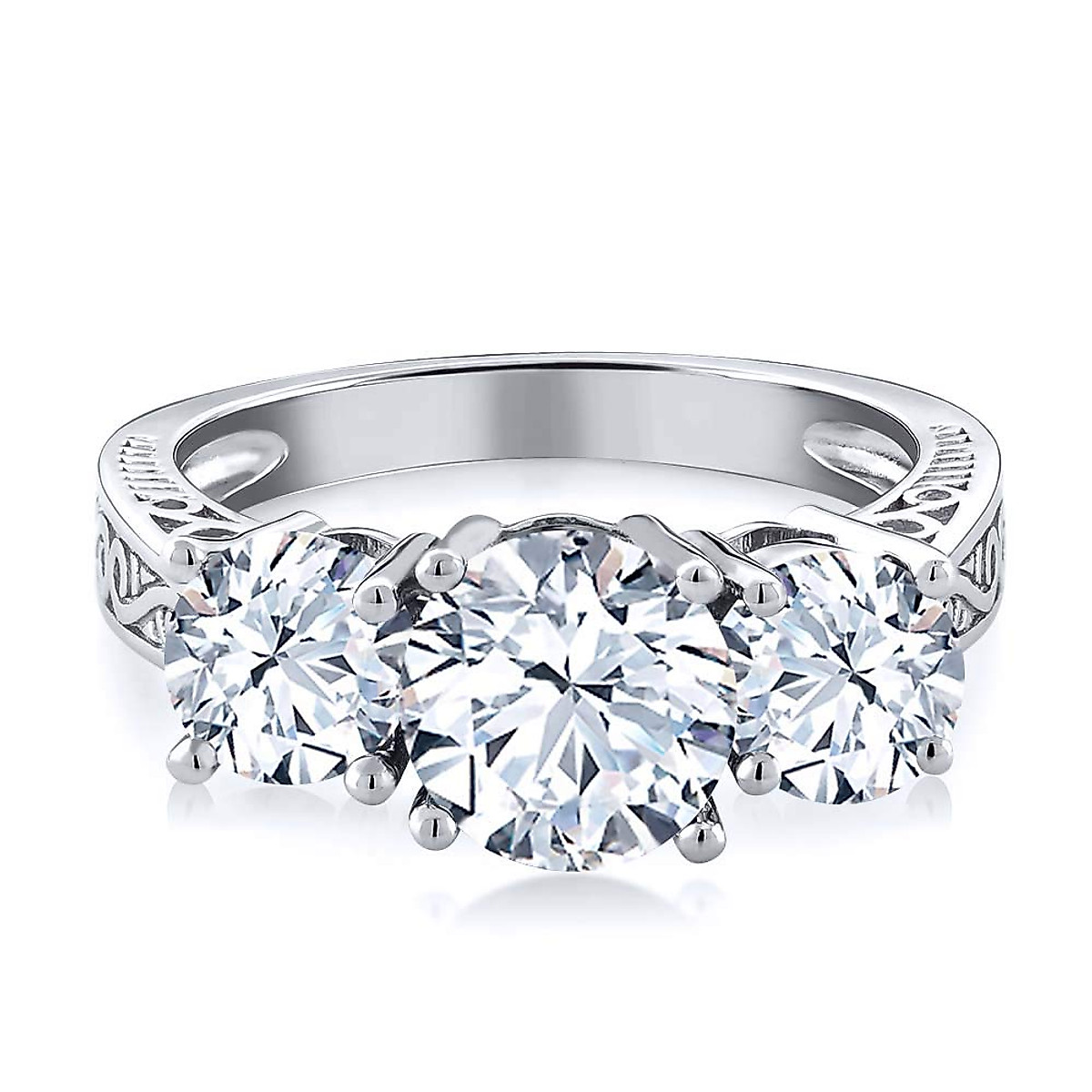 Gem Stone King 925 Sterling Silver White Topaz 3-Stone Engagement Ring For Women (2.90 Cttw, Gemstone Birthstone, Round 7MM and 5MM, Available In Size 5, 6, 7, 8, 9)