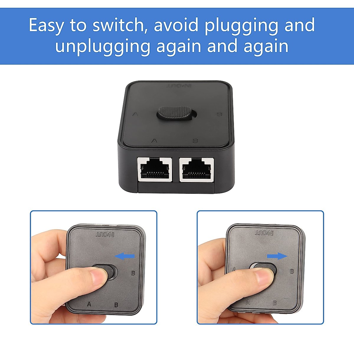 CERRXIAN Network Switch 2 Ports,RJ45 Network Key-Press Switch Splitter Selector Box,100M 2-in 1-Out or 1-in 2-Out 2 Port Network Hub (Black)