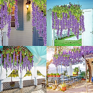 Attmu 8 Pack Artificial Flowers Wisteria Hanging Flowers 3.6 Feet/Piece Vine Ratta String for Home Office Wedding Wall Garden Outdoor Party Decoration (Purple)