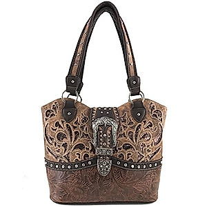 Justin West Tooled Floral Embroidery Buckle Studded Concealed Carry Tote Purse (Coffee Purse Wallet Set)