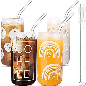 KAUND 4 PCS Ice Coffee Cup with Glass Straw,16oz Sublimation Boho Printed Beer Can Glasses,Ideal for Cocktails,Whiskey,Beer,Soda and Gifts - 2 Cleaning Brushes