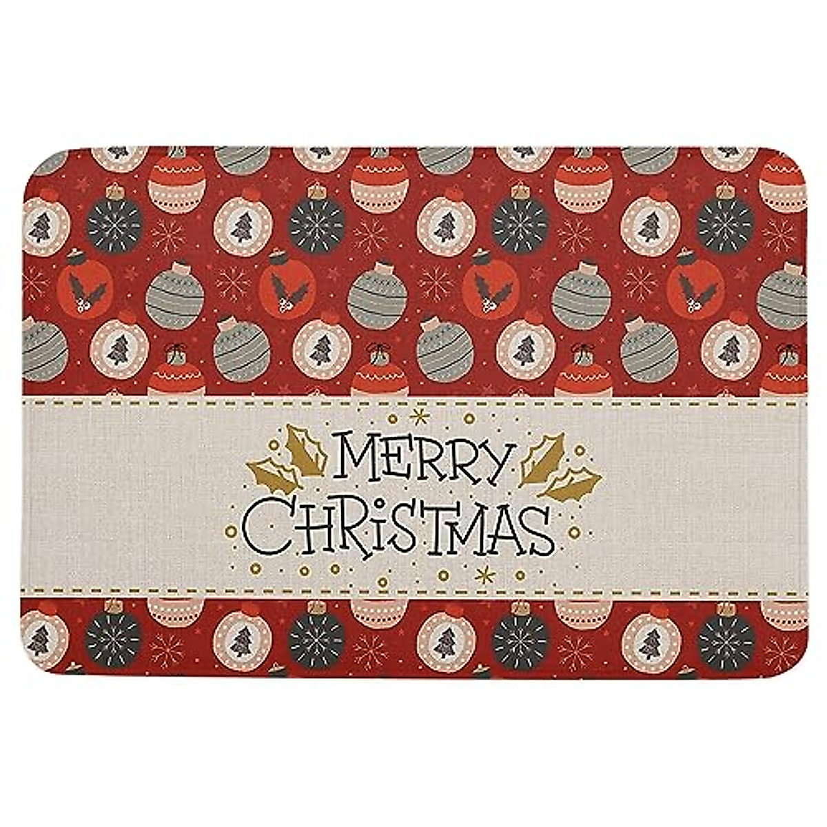 Door Mat Merry Christmas Memory Foam Cushioned Kitchen Rug, 16x24 Inch Water Absorbent Soft Touch Standing Mat for Bathroom, Office, Sink, Laundry, Home Red Grey Xmas Balls Snowflakes Tiled