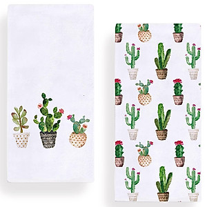 Watercolor Cactus Kitchen Dish Towel 18 x 28 Inch, Seasonal Spring Summer Cacti Towels Dish Cloth for Cooking Baking Set of 2