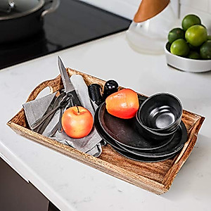 Antique Mango Wood Serving Tray Set of 2 with Burn Finish for Tea/Coffee Food Items and Hold Kitchen Ware 17x12x2.5- Big, 15.5x10x2.5- Small Wooden Trays, Burn Brown Finish