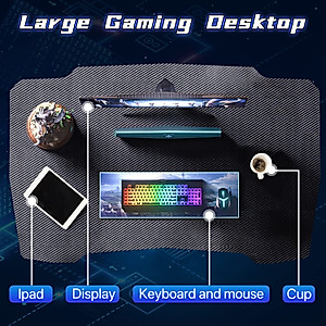 Gaming Desk 39.4 inch Z-Shaped Computer Desk PC Computer Table Home Office Desk Ergonomic Gamer Workstation with Headphone Hook, Blue