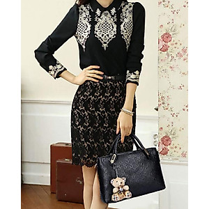 GJGJTER Women Synthetic PU Leather Tote Handbag Wallet 4pcs Set Clutch Purse Satchels with Bear Pendant-Black