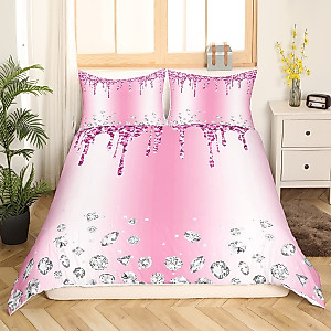 Castle Fairy Girls Geometric Diamond Bedding Set,Pink Glitter Duvet Cover for Teens,Kids Bling Party Comforter Cover Decorative Room,Children Silver Abstract Quilt Cover with 2 Pillowcases,Full Size