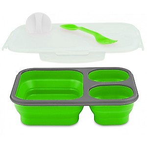 Smart Planet EC-34 Large 3-Compartment Eco Silicone Collapsible Meak Kit Lunch Box, Green