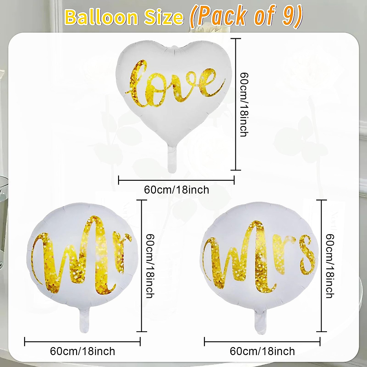 Totelux Wedding White Balloons Kit Glitter Mr Mrs Love Foil Balloons Round Heart Aluminum Balloons Set for Birthday Engagement Bridal Shower Party Decorations Supplies (9Pcs)