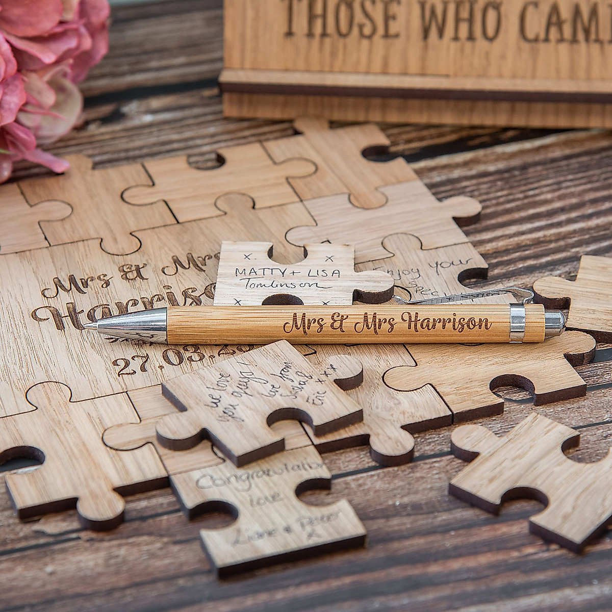 Wedding guest book alternative jigsaw puzzle personalized guestbook | laser engraved wooden pieces for party engagement reception anniversary (150 piece - Cursive Font)