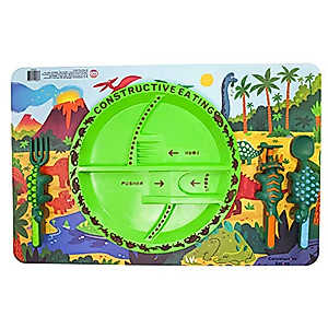 Constructive Eating Made in USA Toddler Dining Set: Kids Placemats for Dining Table with Dinosaur Plate & Utensils, Perfect Toddler Boy Gifts or Toddler Girl Gifts for 2 Year Old, Toddler Forks and Spoons for Picky Eater