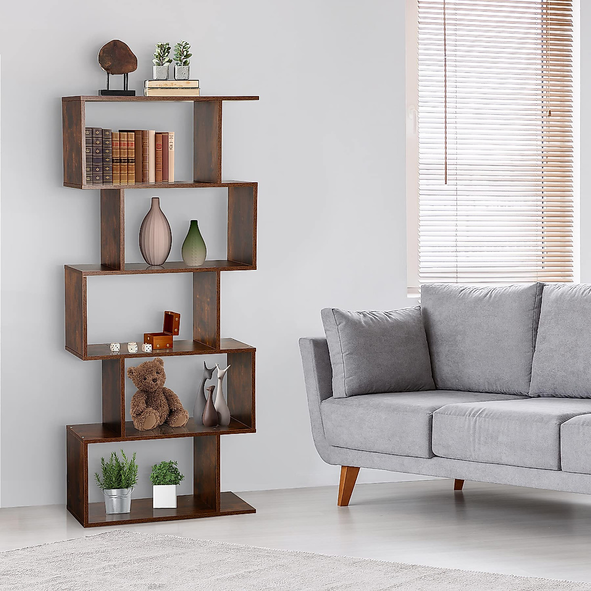 SUPER DEAL Wood Bookcase, 5-Tier Bookshelf Geometric S-Shaped Shelf with Anti Tipping Device, Narrow Storage Rack and Room Divider for Bedroom Living Room Home Office, 62 Inch Tall Rustic Brown