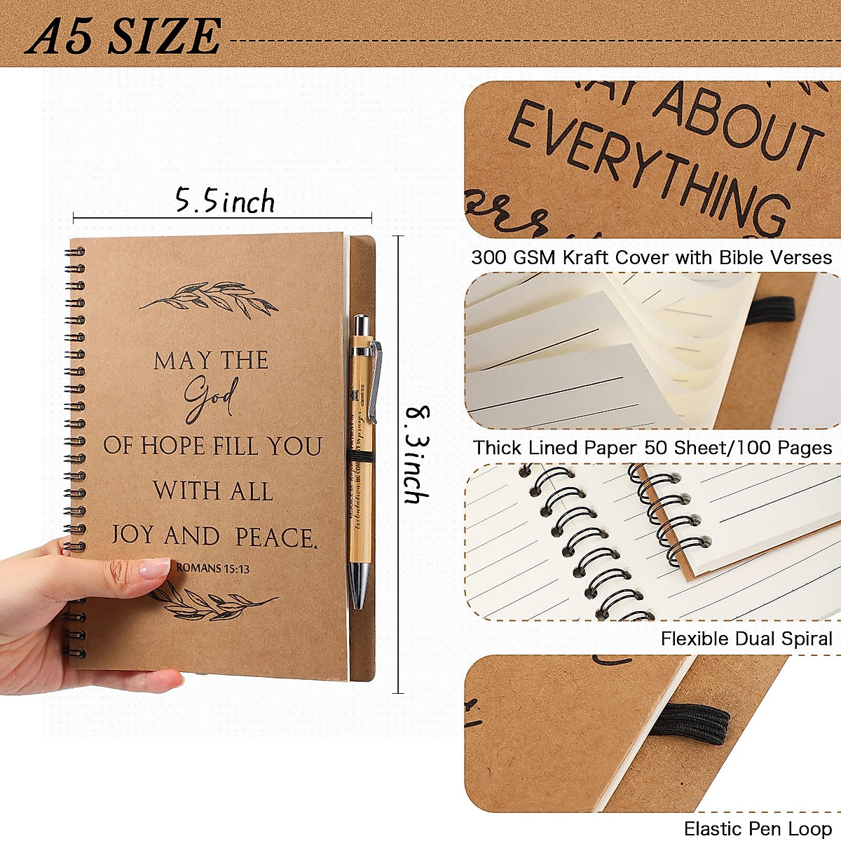 Kosiz 100 Pcs/ 50 Set Easter Christian Gift Bulk A5 Spiral Notebook Scripture Prayer Journal Bible Verse Ballpoint Pen Mothers Day Religious Party Gift Notepad for Women Men Church Sunday School (Brown)
