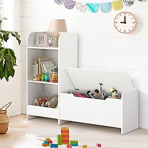 Curipeer Kids Bookshelf and Toy Storage Organizer with Reading Nook for Kids, 3-Tier Baby Nursery Bookshelf Bookcase with Bench and Storage Cabinet for Kid's Room, Nursery, Bedroom, Living Room(White)