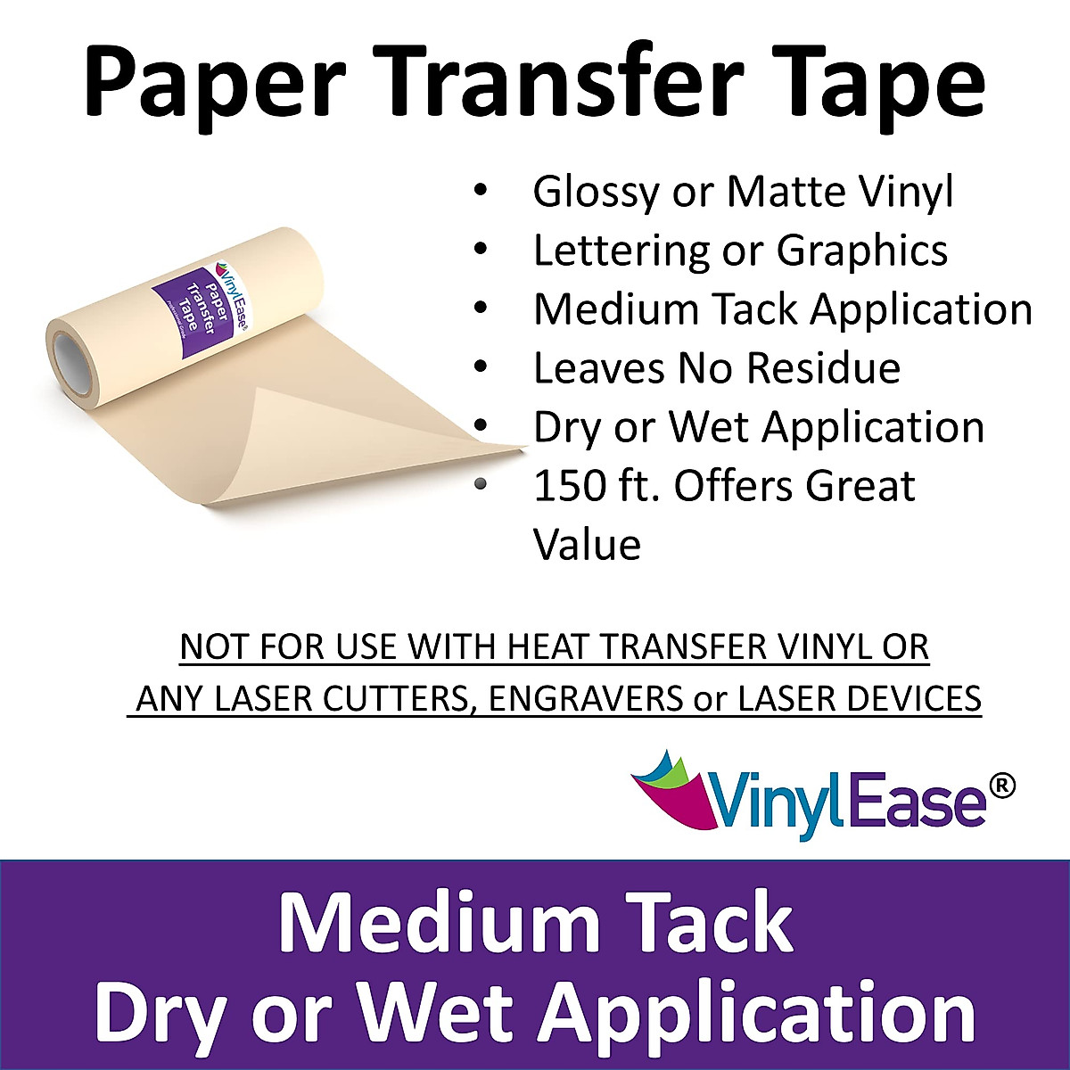 Vinyl Ease 12 inch x 150 feet roll of Paper Transfer Tape with a Medium Tack Layflat Adhesive. Works with a Variety of Vinyl. Great for Decals, Signs, Wall Words and More. V0844