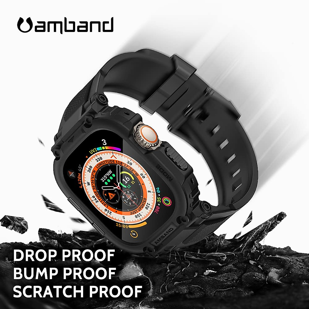 amBand Bands Case Screen Protector Compatible with Apple Watch Ultra 2/1 49mm for Men, M1 Sport Series Rugged Cover Strap and 9H Tempered Glass, Military Protective Bumper for iWatch 49 mm Men Black