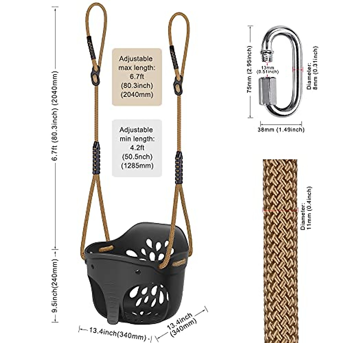 SELEWARE Toddler Swing Set Accessories High Back Full Bucket Swing Seats w/Adjustable Rope and 4 Locking Carabiners, Cute Elephant Shape Design 600LB Capacity (2 Pack)