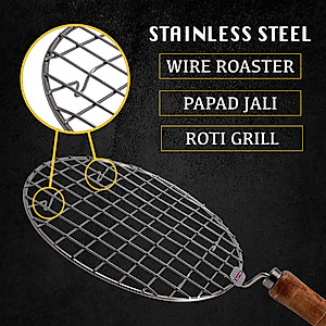 KSJONE Stainless Steel Multi-Functional Wire Steaming Cooling and Baking Barbecue Rack Round Wire Roaster Rack/Papad Jali/Roti Grill Round Shape with Wooden Handle