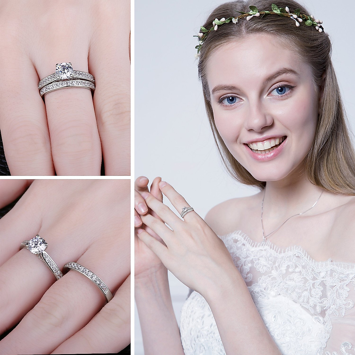 JewelryPalace 14K Gold Plated 925 Sterling Silver Cubic Zirconia Promise Rings for Her, Wedding Bands Engagement Rings for Women, Anniversary 1.3ct Solitaire Simulated Diamond Ring Set Size 5