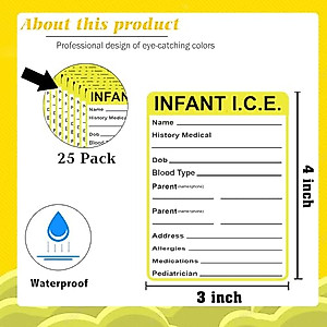 Infant I.C.E.(in Case of Emergency) Card Sticker 3 x 4 Inch Child Emergency Identification Contact Car Seat Stickers - Kids Car Seats Alert Attachment Tag Safety Decals 25 Pcs