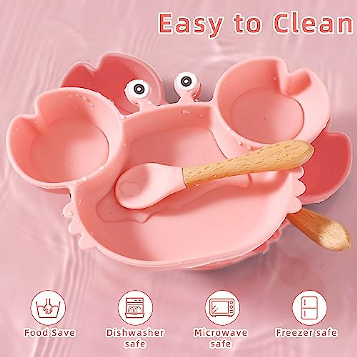 Baby Feeding Set, 9 in 1 Silicone Toddler Weaning Set- Adjustable Bib, Crab Pattern Divided Plate, Sucking Bowl, 2 Pairs of Feeding Spoons and Forks, Snack Cup, Drinking Cup for Babies and Toddler