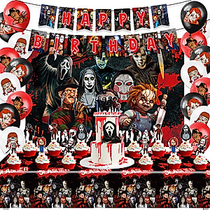 Horror Classic Movie Birthday Supplies, Horror Themed Character Party Decorations Includes Banners, Cake Toppers, Balloons, Cupcake Toppers, Backdrop, Tablecloths, Scream Party Gift for Fans Kids