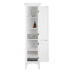 Elegant Home Fashions Glancy Linen Tower Freestanding Cabinet Tall Narrow Bathroom Kitchen Living Room Storage with 2 Shutter Doors 5 Tier Shelves, White, Standard