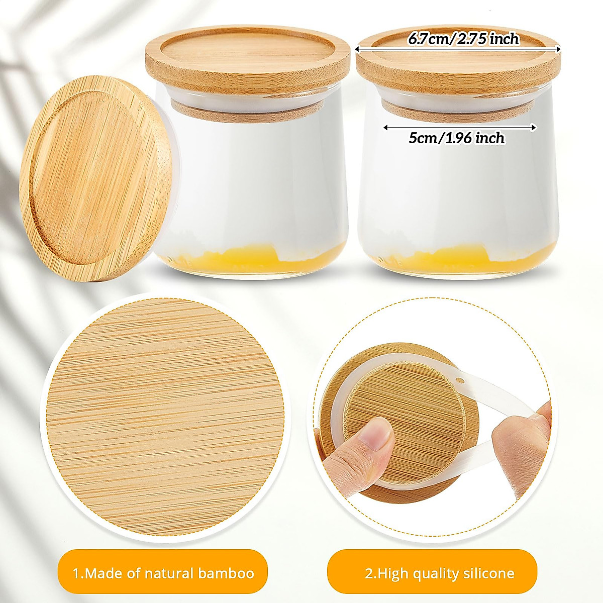 6 Pack Yogurt Jar Lids Set Bamboo Wood Lids with Silicone Sealing Rings Compatible with Oui Yogurt Jars Airtight Glass Storage