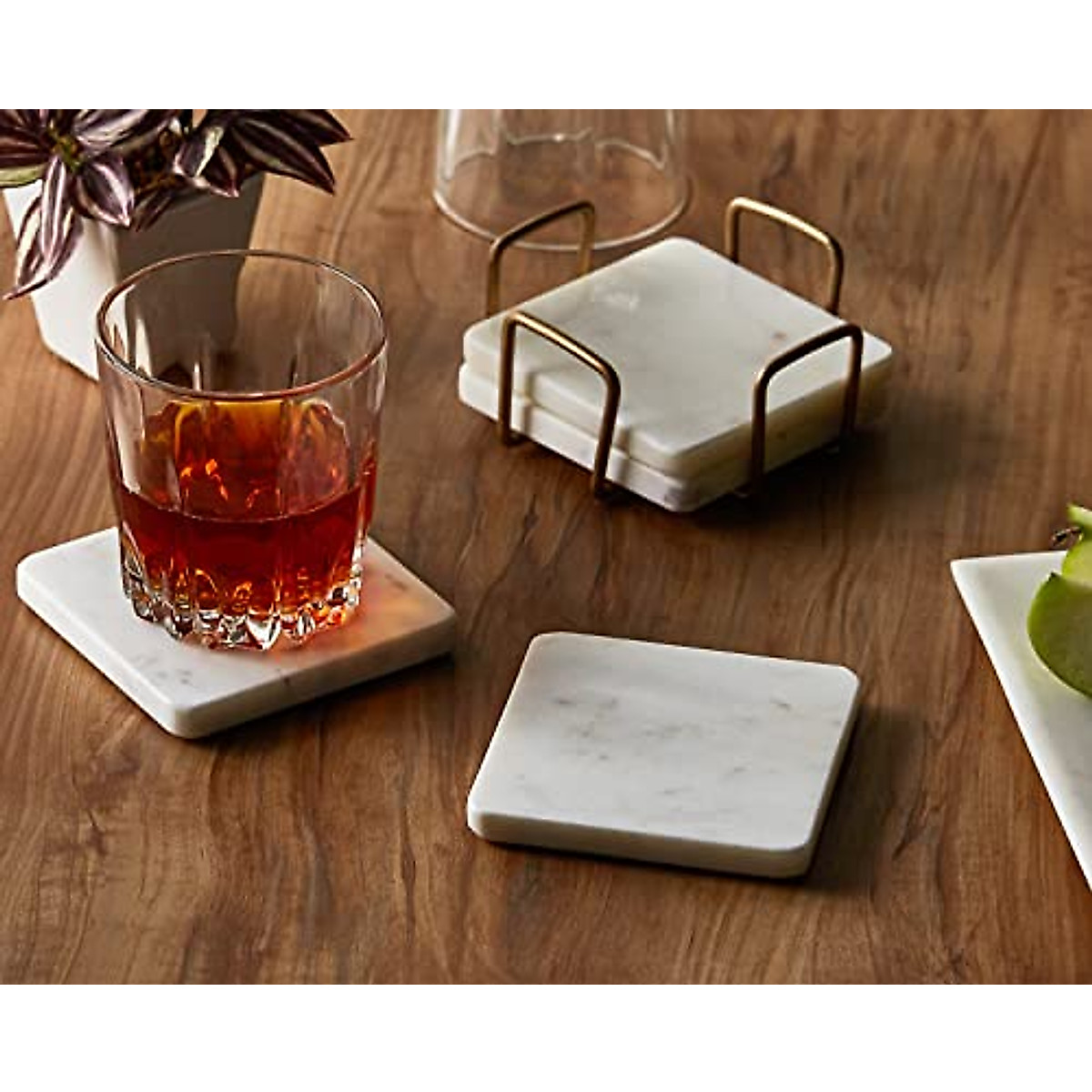Queenza Marble Coasters with Holder, Set of 4 Gold Coasters for Drinks , 4 Inch Modern Coasters for Coffee Table - Natural White Coasters with Padded Bottom